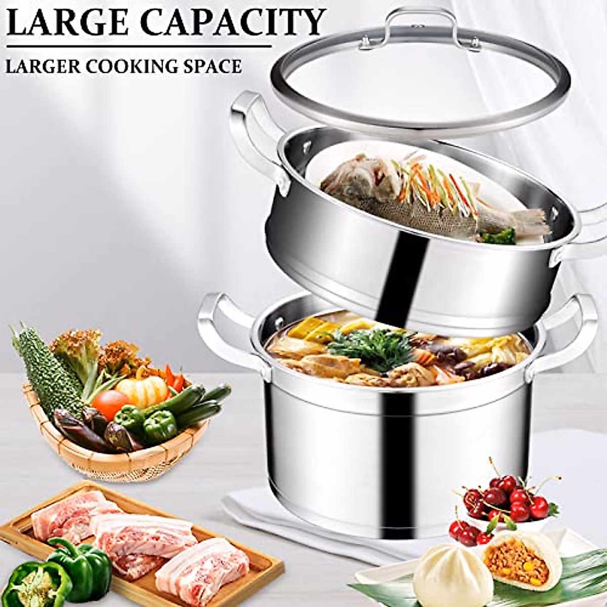 HZIB High capacity Multipurpose Stock Pot and Steamer Pot with PFOA-free,18/10 Stainless Steel Steamer,2-tier Cooking Pot with Lid for Soups,Seafood,Vegetables,Stews and Pasta
