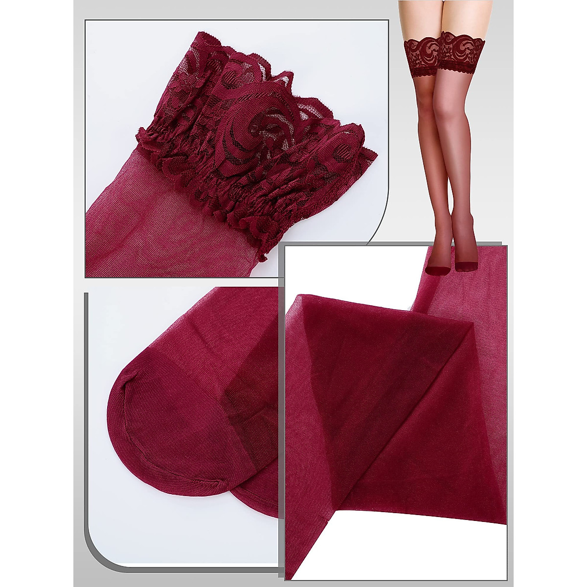 4 Pairs Women Thigh High Stockings Anti-skid Lace Sheer Tights Silky Stockings for Women and Girls Supplies (Light Purple, Burgundy, Green, Pink)