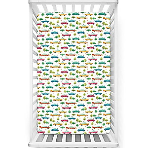 Retro Car Themed Fitted Crib Sheet,Standard Crib Mattress Fitted Sheet Soft & Stretchy Fitted Crib Sheet-Baby Sheet for Boys Girls,28“ x52“,Multicolor