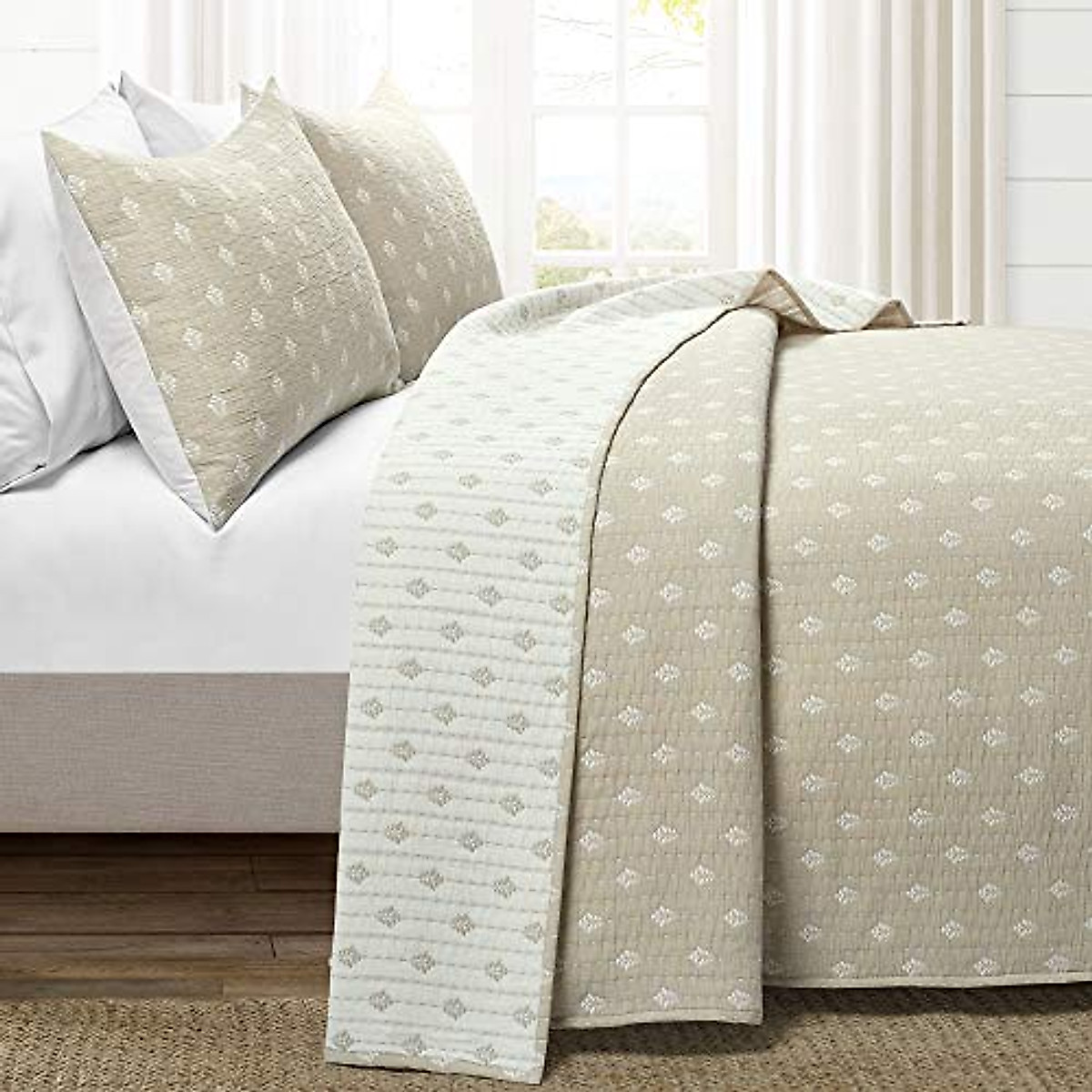 Lush Decor Hygge Kantha Pick Stitch Yarn Dyed Cotton Jacquard 3 Piece Quilt/Coverlet Set, Full/Queen, Neutral & Off-White