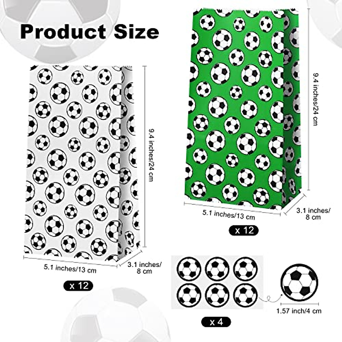 durony 24 Pack Soccer Gift Bags Paper Treat Bags Soccer Print Goodie Bags with Stickers for Sports Theme Party Decorations, Game Celebration Supplies