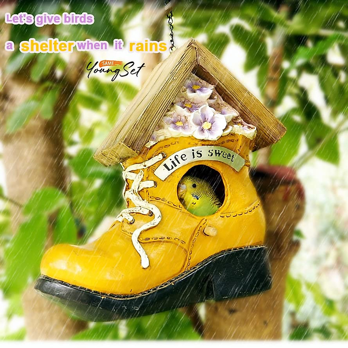Hanging Yellow Shoe Bird House for Outside, Unique Birdhouses Outdoor for Home Garden Decor, Resin Handicrafts, Easy to Install and Clean, Great Birdhouse Gift, SAME YOUNG SET