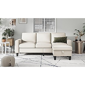 Lonkwa Convertible Sectional Sofa Couch, Beige Couches for Living Room, Sectional Couch with Reversible Storage Ottoman, 3-Seat L-Shaped Couch for Living Room, Apartment, Office, Small Space