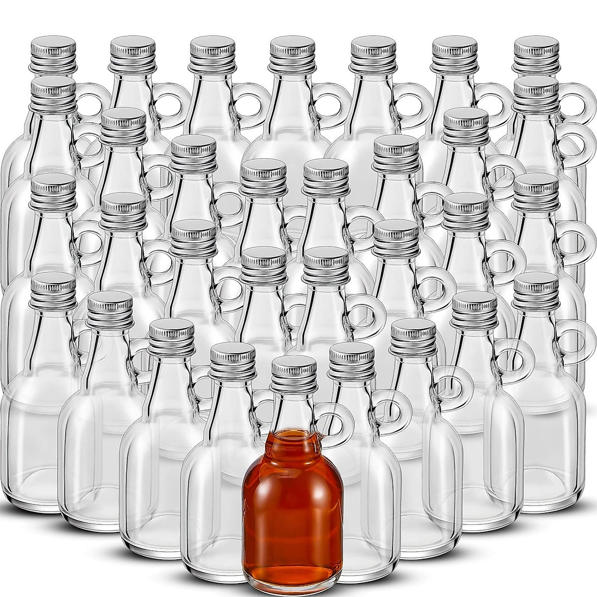 Suclain 32 Pcs 1.7oz Glass Syrup Bottles with Aluminum Lids and Loop Handle Clear Glass Bottles Reusable Maple Syrup Jars Syrup Container Stout Sample Bottles for Potion Juice Milk Storage Sauce Oil