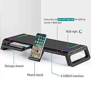 AWYLL Monitor Stand Riser, Foldable Monitor Stand with Drawer Storage, RGB Computer Desktop Organizer Stand 4USB 3.0 Hub for Up to 27 Inch Computer Screens, iMac, Laptop, Printer