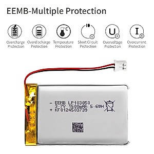 EEMB Lithium Polymer Battery 3.7V 1500mAh 103050 Lipo Rechargeable Battery Pack with Wire JST Connector for Speaker and Wireless Device- Confirm Device & Connector Polarity Before Purchase