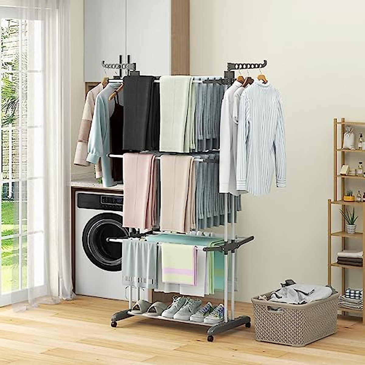 Tangkula 4-Tier Clothes Drying Rack, Collapsible Laundry Rack Stand with 2 Hanger Holders, 3 Tier Retractable Trays, 1 Bottom Shoe Rack, Movable Garment Drying Station with 4 Castors (Silver)