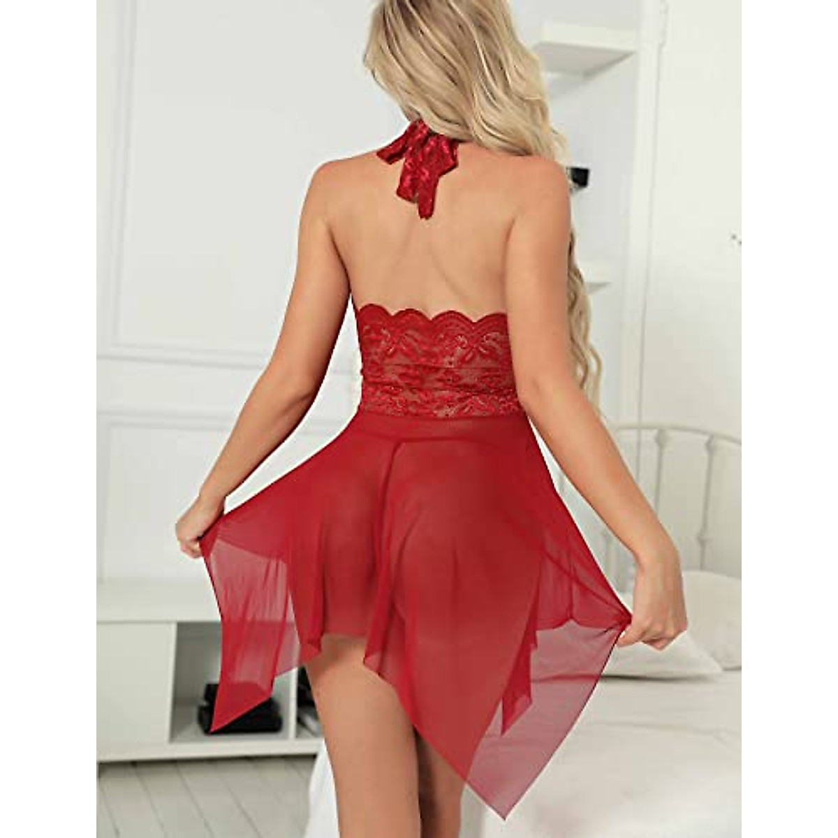 Dewinya Womens Sexy Lace Keyhole Front Babydoll Lingerie Halter Chemise Sleepwear Mesh Mini Slip Dress Large Wine Red