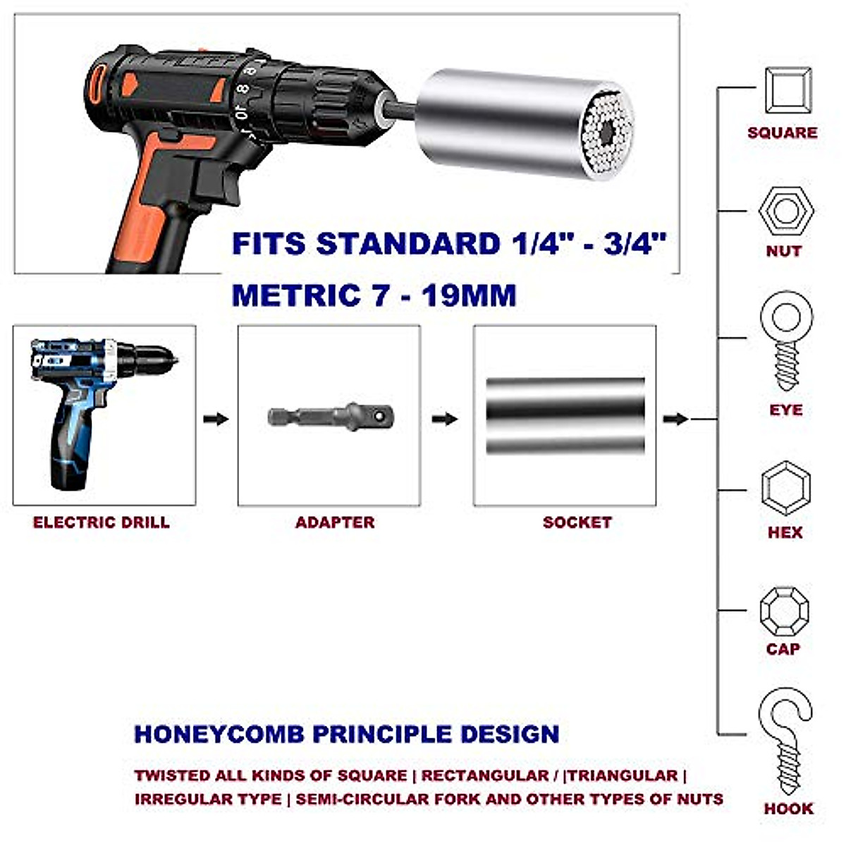 CIGOTU Universal Socket, 7mm-19mm Multifunctional Cordless Ratchet Adapter Socket Wrench Set, Screwdriver Set Hex Bit + 105 Degree Right Angle Drill