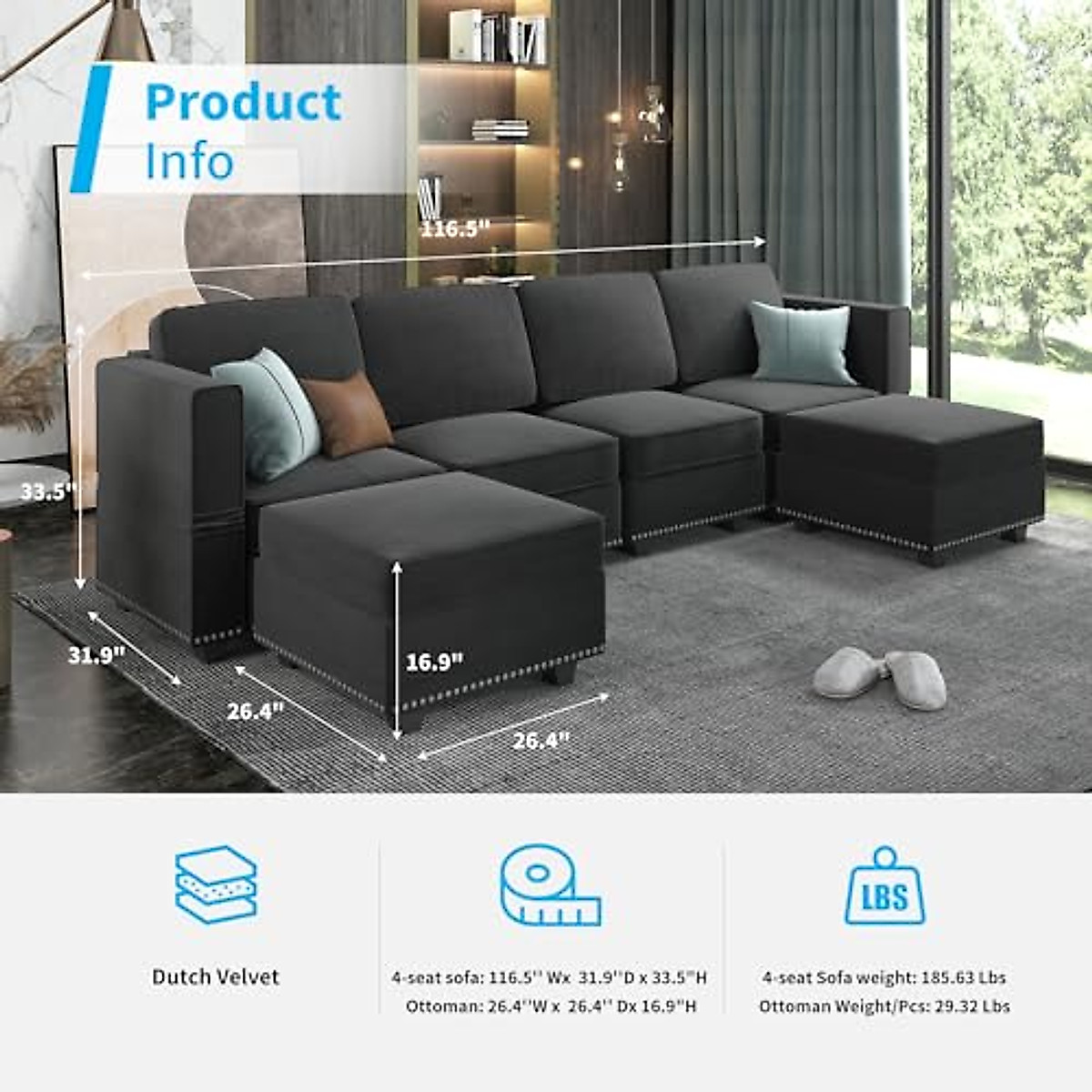 Mjkone Modular Sectional Sofa with Adjustable Armrest and Backrest for Living Room，U Shaped Couch 6 Seater Convertible Sectional Couch with Storage Ottoman -Dark Grey