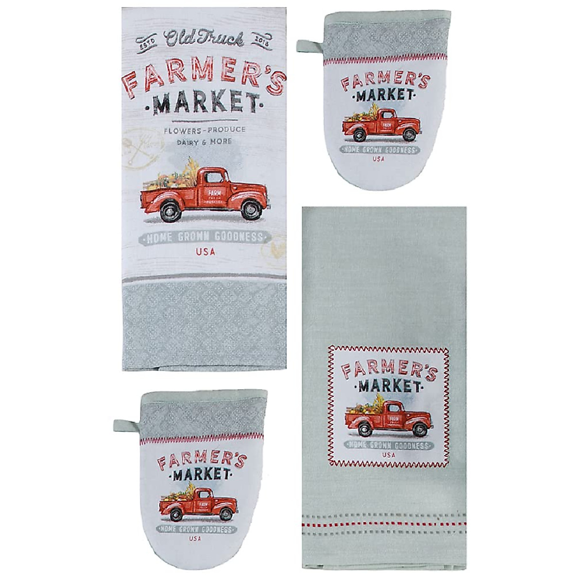 Kay Dee Designs Farm Market 4 Piece Red Truck Kitchen Linen Bundle, 2 Towels and 2 Grabber Mitts