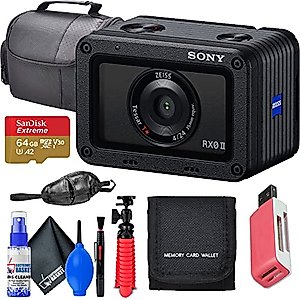 Sony RX0 Ultra-Compact Waterproof/Shockproof Camera (DSC-RX0) + 64GB Memory Card + Case + Card Reader + Flex Tripod + Hand Strap + Memory Wallet + Cleaning Kit