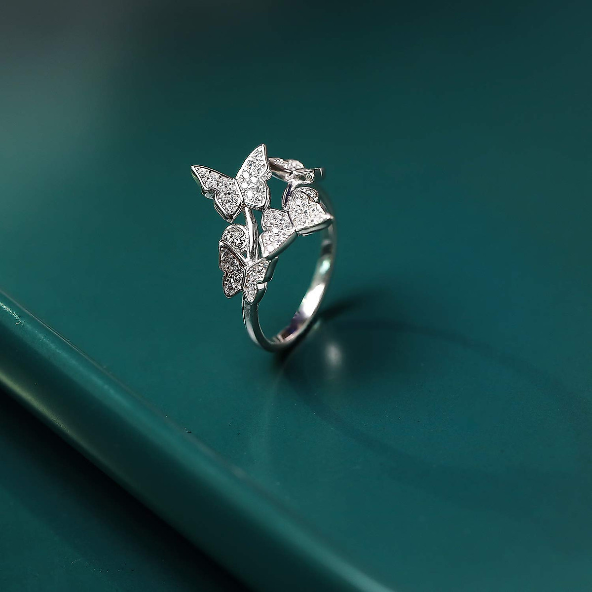 AOBOCO Butterfly Ring Sterling Silver Women Ring with Crystals from Austria & Cubic Zirconia, Adjustable Open Ring, Anniversary Birthday Butterfly Lovers Jewelry Gifts for Wife Girlfriend Daughter