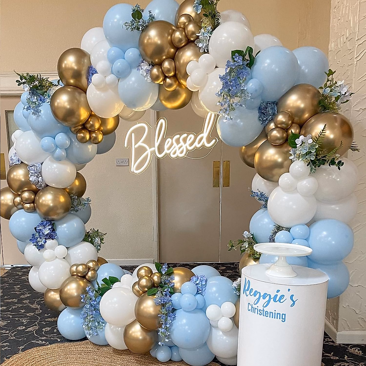 Beliueyes OH Baby Balloon Garland Arch Kit 135pcs Gold White Light Blue Balloons for Bridal Shower Baby Shower Birthday Wedding Baptism Engagement Theme Party Decorations