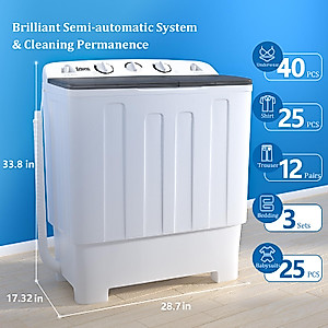 Erivess 32 lbs Compact Mini Twin Tub Washing Machine with Drying Rack&10 Hangers, 20 lbs Washer Mini Compact Laundry Machine and 12 lbs Spinner, Convenient and Efficient for Dorms, Apartment