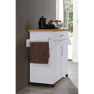 Hodedah Kitchen Island with Spice Rack, Towel Rack & Drawer, White with Beech Top, 15.5 x 35.5-44.9 x 35.2 inches