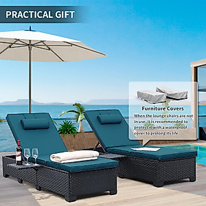 WAROOM Outdoor Chaise Lounge Chairs for Outside Patio Furniture Set of 2 Wicker Recliner Black Rattan Double Reclining Pool Lounge Chair Adjustable Backrest Lounger with Peacock Blue Cushion