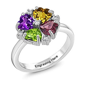 Gem Stone King 925 Sterling Silver Personalized Customized 4 Gemstone Birthstone Name Engraved Heart Shape Ring For Women (Available In Size 5, 6, 7, 8, 9)