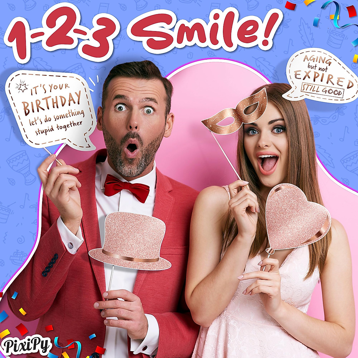 Premium Birthday Photo Booth Props Kit, 27 White & Rose Gold Party Decorations (No Glitter), Durable & Easy-to-Use Photobooth Props Signs for Memorable Photos & Unforgettable Celebrations by PixiPy