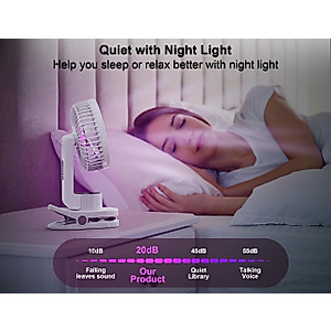 AddAcc Small Desk Fan, Rechargeable Clip On Fan with Atmosphere Light & Hook, Battery Operated Table Fan, Ultra Quiet, 9 Speed Auto Oscillation Desktop Fan for Bedroom Office Home Travel Camping