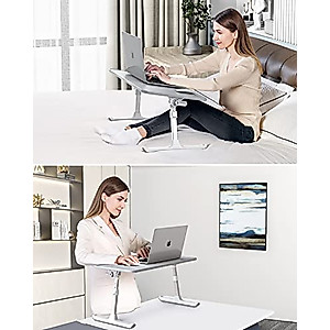 SAIJI Leather Laptop Bed Tray Table, Adjustable Laptop Stand with Removable Stopper, Portable Lap Desks with Foldable Legs, Notebook Stand Breakfast Reading Desk for Sofa Couch(Medium,Gray)