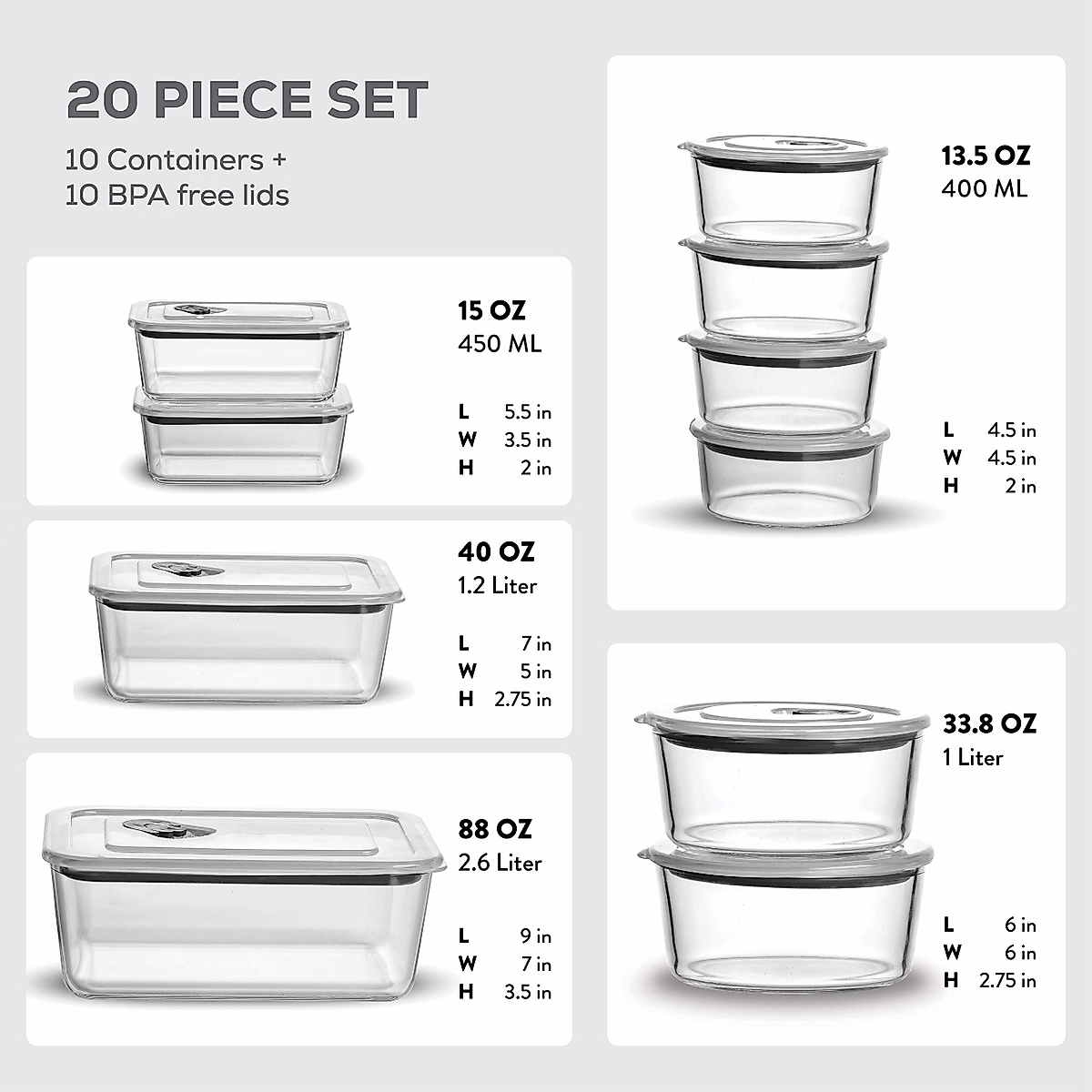 FineDine 20-Piece Glass Food Storage Container Set - 100% Leakproof, BPA-Free, and Oven Safe - Perfect for Meal Prep and On-the-Go (Grey)