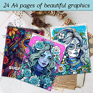 Sugar Skull Women Coloring Book for Adult Women Relaxation, Spiral Bound, Printed Single-Sided, Anxiety and Depression 24 Pages Coloring Book Arts and Crafts Sugar Skull Gift for Adult Women