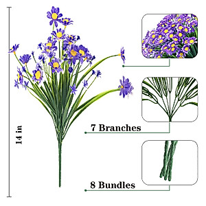 NOV FIRE Artificial Daisies Flowers,Artificial Flowers Outdoor,8 Bundles UV Resistant Faux Flowers Outdoor,Fake Plastic Flowers Shrubs for Indoor Outside Decor(Purple)