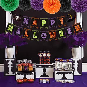 Black-Orange Green-Purple Halloween Party-Decorations - 8pc Kit Happy Halloween Banner, Tissue Flower Paper Pom Poms Streamers,Cheers Witches Garland,Birthday Bachelorette Baby Shower Lasting Surprise