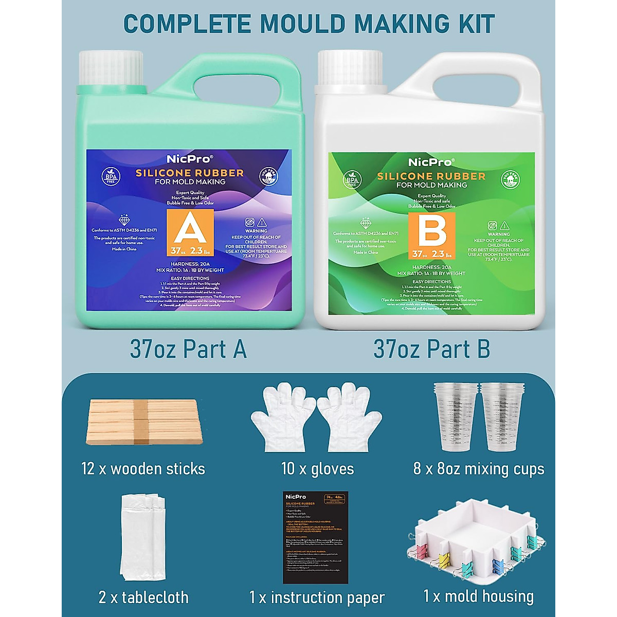 Nicpro 74oz Silicone Mold Making Kit, Platinum Liquid Silicone Rubber for Mold Maker, Jade Green Flexible & Food Safe Mix Ratio 1:1 for Casting 3D Resins Molds DIY with Mold Housing, Mixing Cups