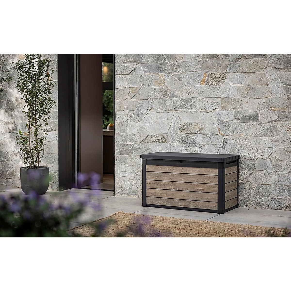 Keter Ashwood 100 Gallon Resin Deck Box Organization and Storage for Patio Furniture Outdoor Cushions, Throw Pillows, Garden Tools and Pool Toys, Brown