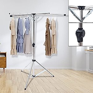 Leblett Tripod Clothes Drying Rack,Foldable Portable Space Saving Laundry Drying Rack High Capacity 4 Poles,Height-Adjustable with 10 Hooks for Outdoor and Indoor Home Use