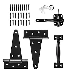 HILLMASTER Heavy Duty Gate Latch Door Handle Hardware Kit for Wooden Fence, Self-Closing Gate Latch with Pull String, Decorative Metal Gate Pull Handle, 2 Pack 6in T-Strap Gate Hinges, Black Finish