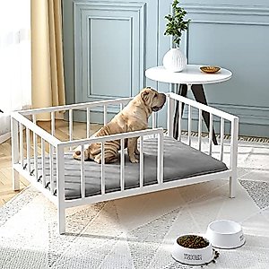 OSCHF Dog Bed with Rails - Elevated Pet Metal Bed Frame with Solid Wood Board and Washable Soft Mat for Medium Dog Indoor or Outdoor Use, 25.2" x 37.8", White
