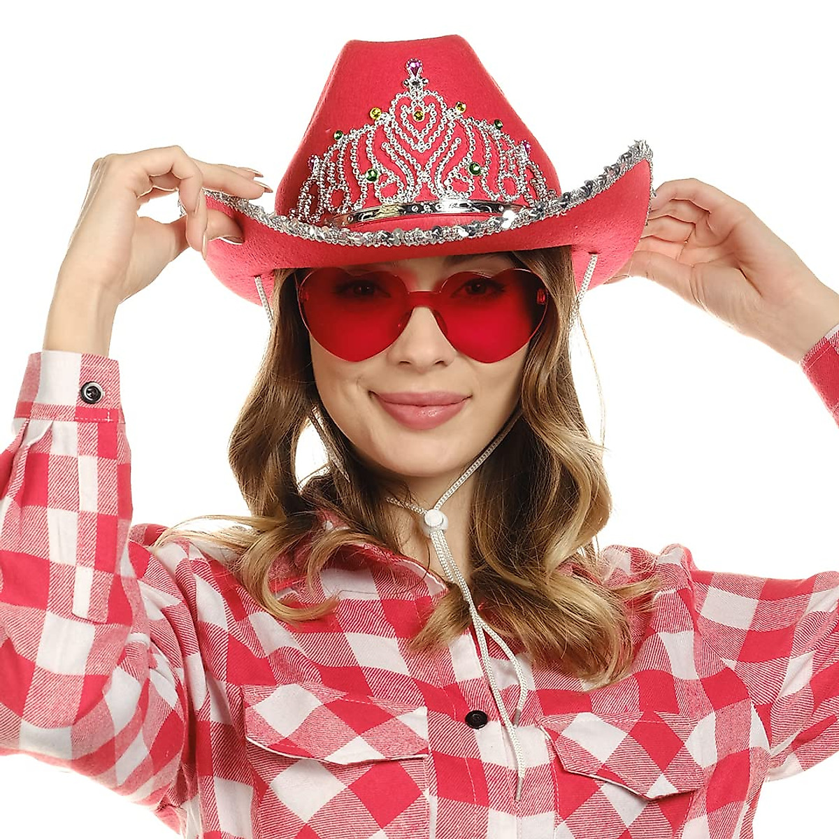 Funcredible Red Cowboy Hat and Glasses - Preppy Cowgirl Hat with Tiara - Sparkly Cowboy Hat - Cowgirl Outfit Accessories for Women and Girls