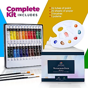 AEM Watercolor Paint Set – Includes 24 Colors (12mL Each), Brushes & Paper – Paint on Paper, Wood, Fabric, Ceramics & More – Great Starter Kit for Kids & Adults, Also Suitable for Professional Artists