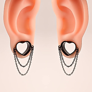 DOEARKO 2 Pcs Ear Gauges Simple Style Tunnels Dangle Plugs with Chain Elegant Stretchers Hypoallergenic Stainless Steel Body Jewelry (14mm(9/16"), Black Heart)
