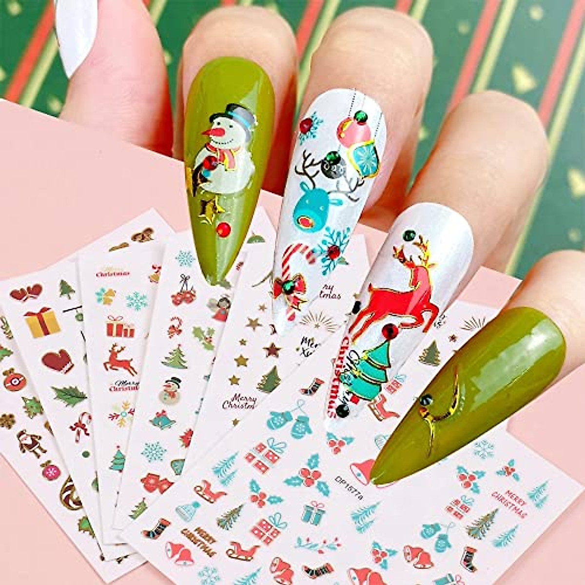 Christmas Nail Stickers, 3D Metallic Christmas Nail Art Decals Snowflakes Christmas Tree Snowmen Santa Claus Reindeer Gift Xmas Nail Design Self-Adhesive Metal Gold Winter Nail Decals for Women Girls(9 Sheets )
