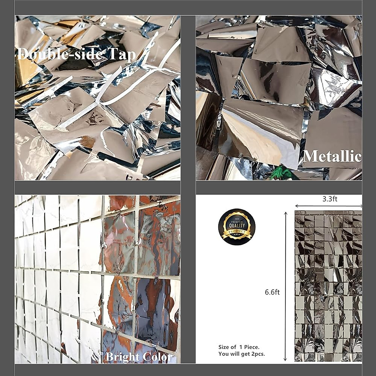 Silver Backdrop Disco Party Decorations Metallic Square Foil Fringe Curtain Photo Booth Props for Birthday Graduation Bachelorette Wedding Engagement Baby Shower Party Decorations -2 Packs (3.3x6.6Ft)