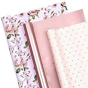 WRAPAHOLIC Wrapping Paper Roll - Mini Roll - 3 Rolls - 17 Inch X 120 Inch Per Roll - Pink and Rose Gold Design for Wedding, Holiday, Party, Baby Shower