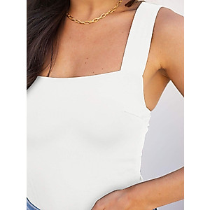 REORIA Womens Sexy Club Square Neck Sleeveless Tank Tops Bodysuits Stretchy Leotard Clubwear White Medium
