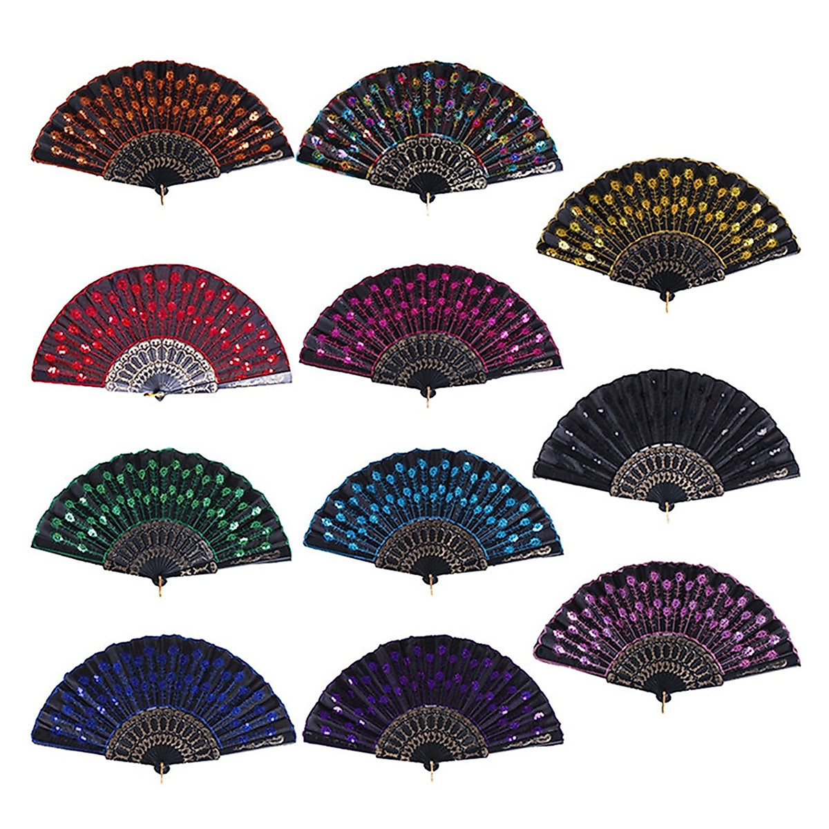 Fan Rainbow Color Christmas Dance Fan Pattern Folding Hand held Embroidered Sequin Gift Fan Hand Fan (Color : E, Fan Size : 9.5 inches)