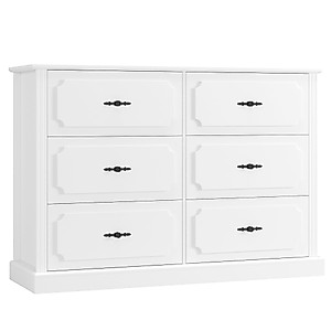 FINETONES White Dresser 6 Drawer, 47.2'' White Dresser Chest of Drawers, Farmhouse Wide Dresser White Chest of Drawers with Designed Drawer Surfaces, 6 Drawer Dresser Storage Organizer