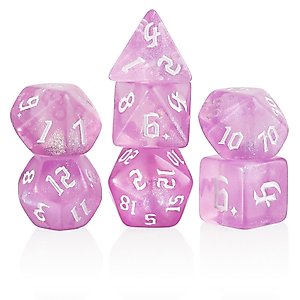 DND Dice Pink Transparent Dice with Color Changing Glitter for Dungeons and Dragons Role Playing Game,D&D,MTG,Pathfinder Dice Set with Dice Pouch(Sickle Handwriting)
