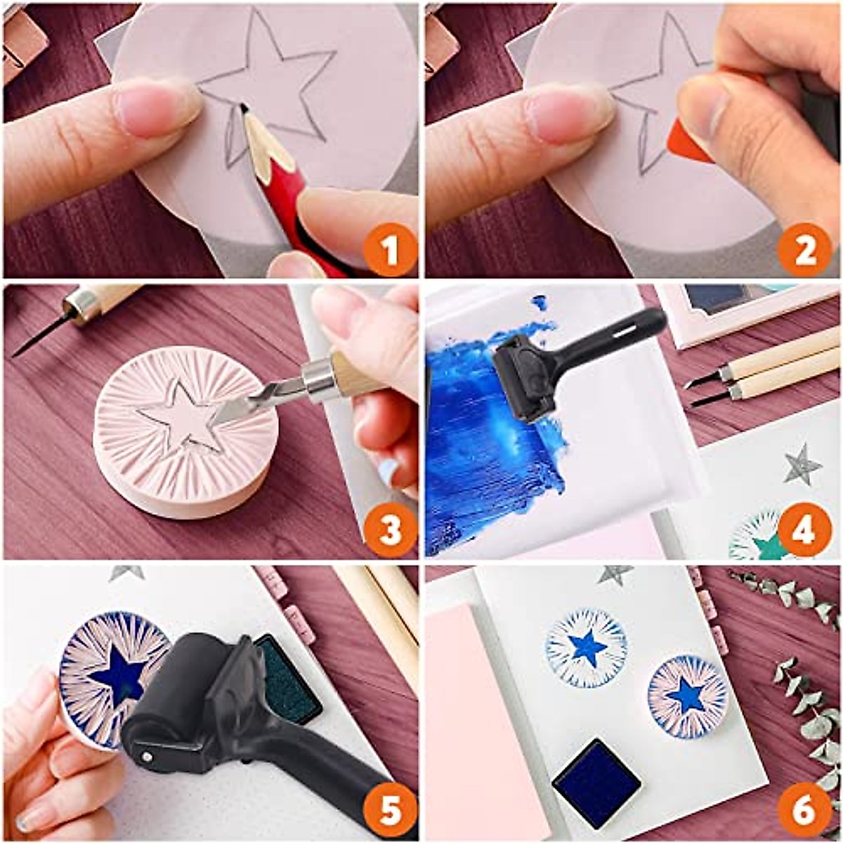 Rustark 12Pcs Rubber Stamp Making Kit with Stamp Block, Rubber Brayer Roller,Rubber and Wood Carving Cutting Tool, Block Printing Starter Tool Kit for Inking Blocks Carving and Printmaking