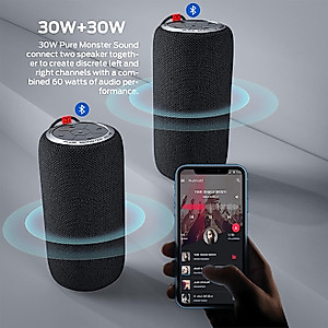 Monster S310 Bluetooth Speaker, Portable Bluetooth Speaker, 30W True Wireless Stereo Pairing Deliver Dynamic Sound, Waterproof Speaker, Bluetooth 5.2 Built-in Mic, 24H, for Family Outdoor