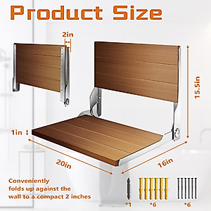 Teak Shower Bench 20'', Folding Shower Chair Wall Mounted, Wood Folding Shower Seat, Teak Shower Bench for Inside Shower, 500 lbs Capacity, Silver