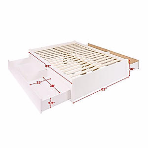 Prepac Select Queen 4-Post Raised Platform 4-Drawer Storage Bed, Modern Queen Storage Bed with Drawers 83" D x 63" W x 16" H, White, WBSQ-1302-4K