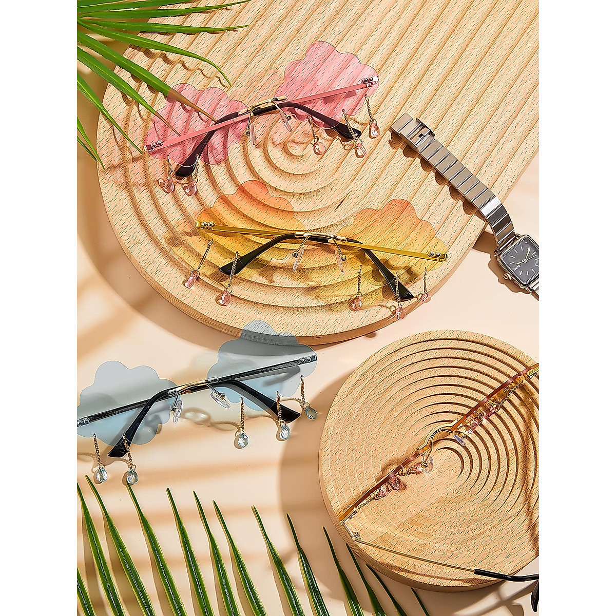 Weewooday 4 Pairs Cloud Sunglasses Raindrop Rimless Cute Sunglasses Funny Heart Flame Shaped Disco Glasses for Women Men (Light Blue, Pink, Gradient Pink, Blue Pink,Bead Style)