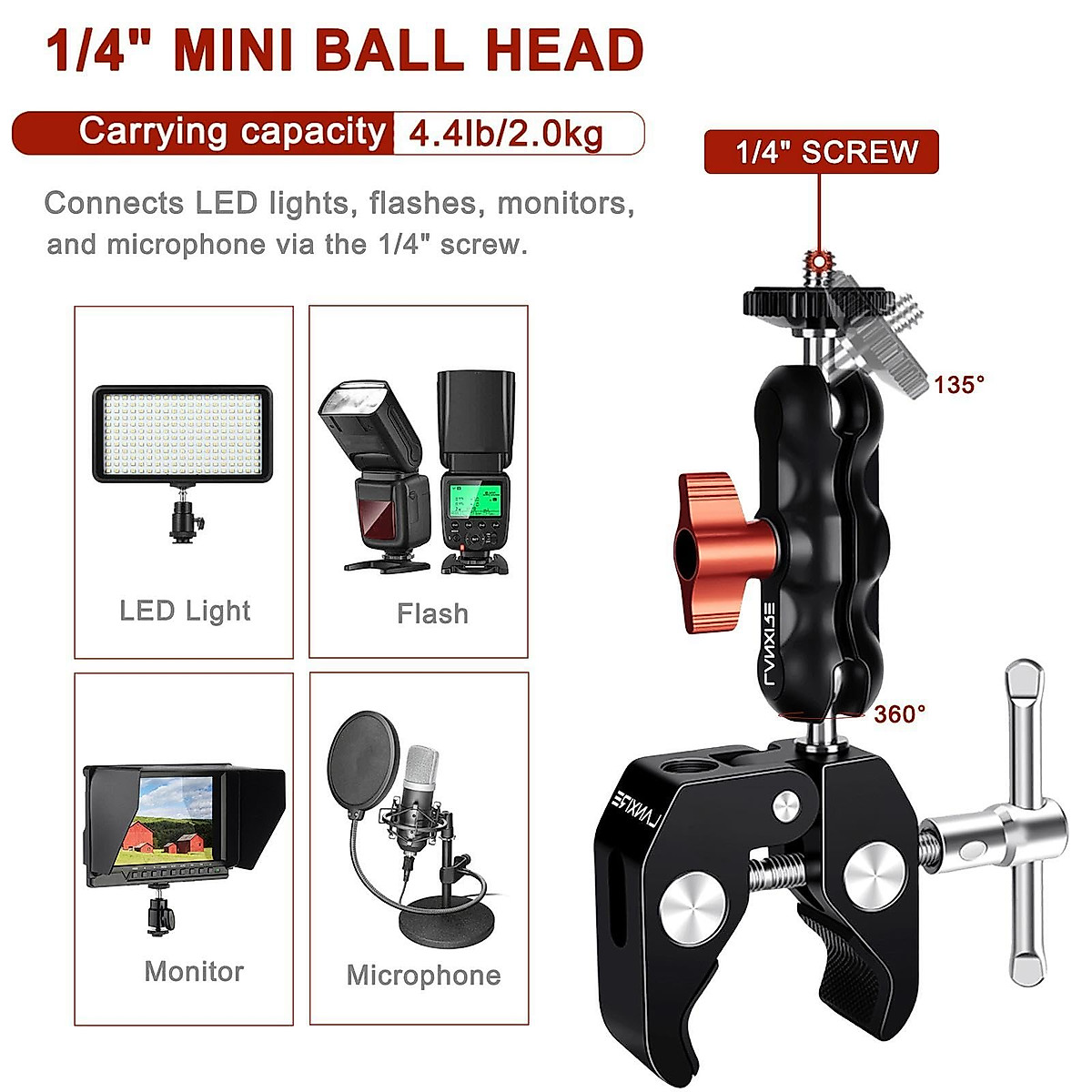 Lanxire Super Clamp Camera Mount with Double Ball Head Adapter - Compatible with Canon Nikon DSLR, Gopro, LED Lights, Ronin-M/MX, Freefly MOVI - 360° Rotation - 1/4"-20 & 3/8"-16 Threaded Holes